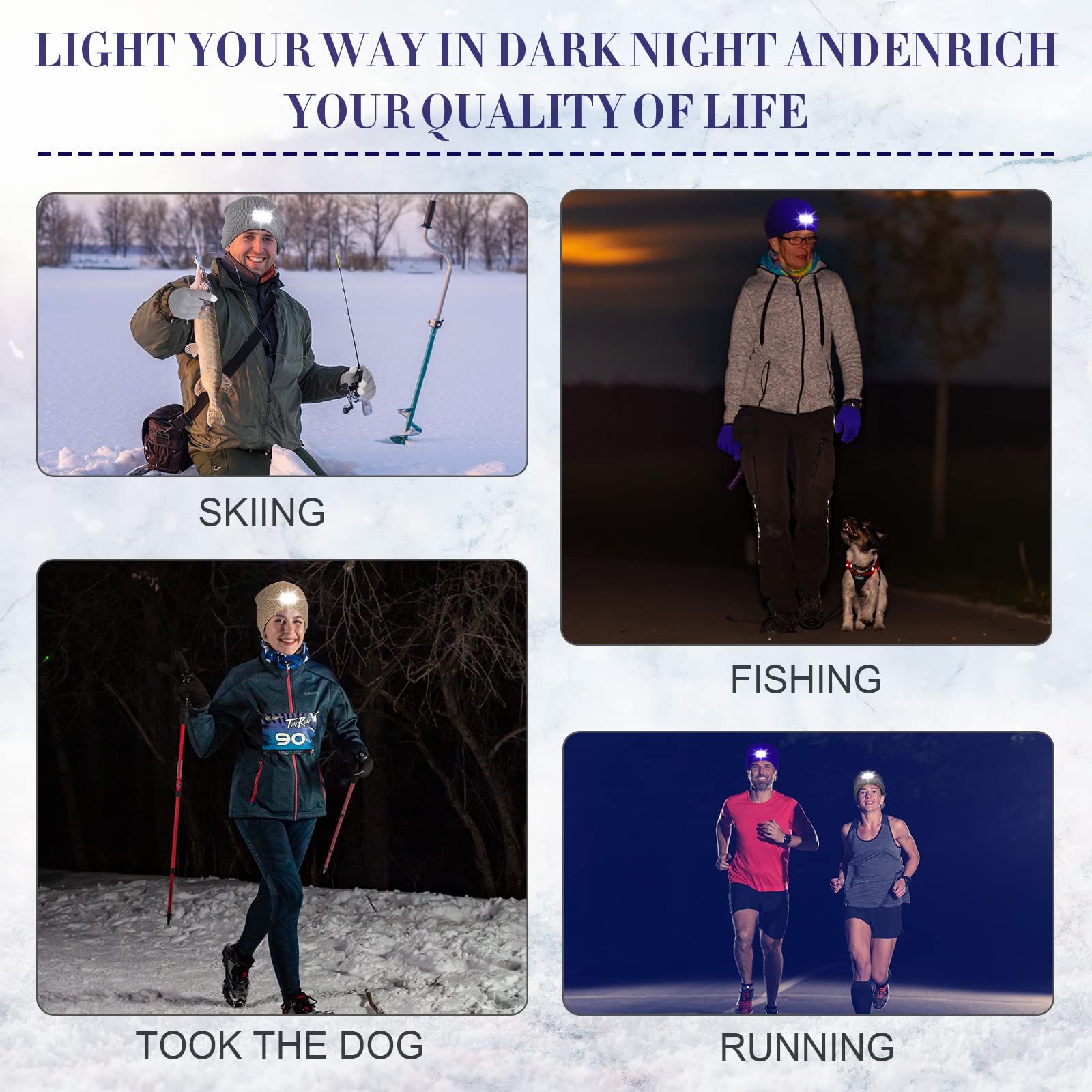 6 Sets LED Lighted Beanie Hat and Winter Gloves Set Beanie Hat with Light Touch Screen Knit Gloves 5 LED Hat Headlamp (Dark Color)