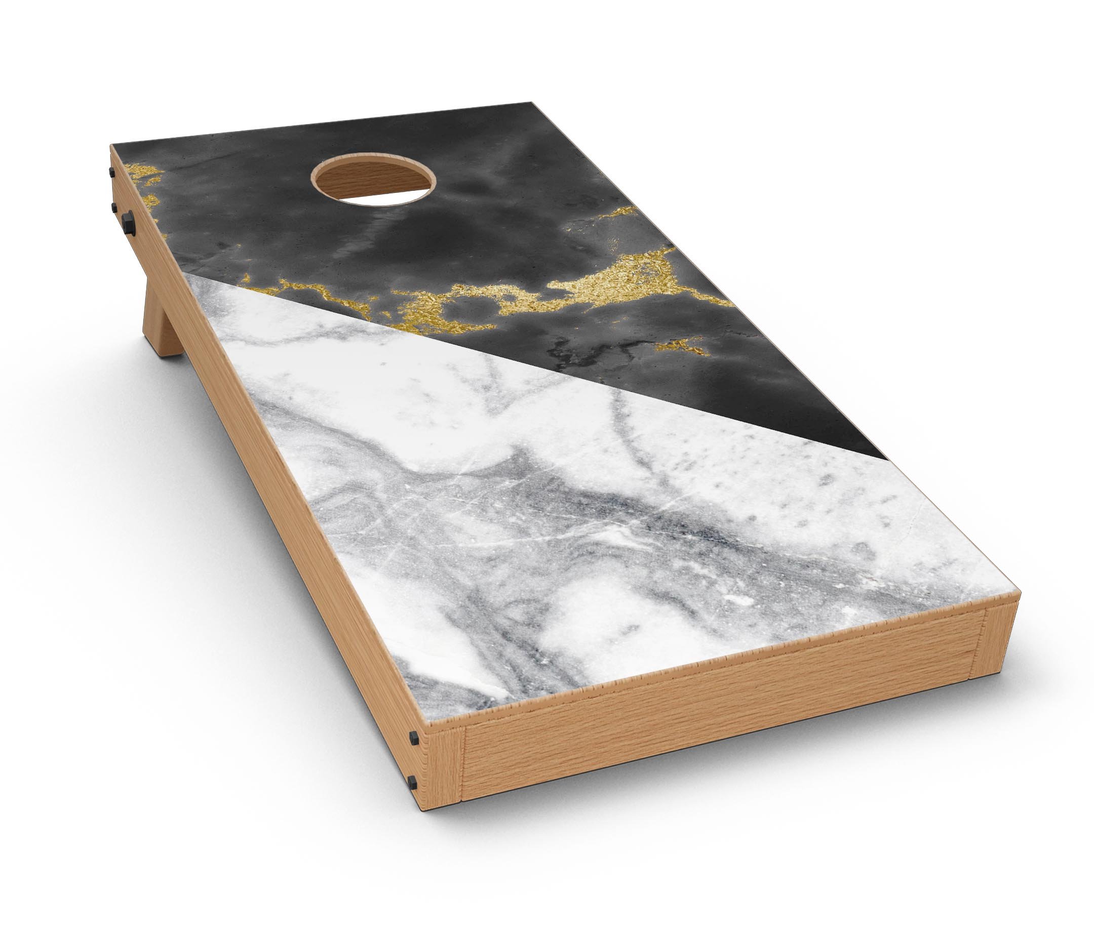 Design Skinz Marble Skin Set for Cornhole (Skin Only) - White-Black Marble & Digital Gold Foil V1
