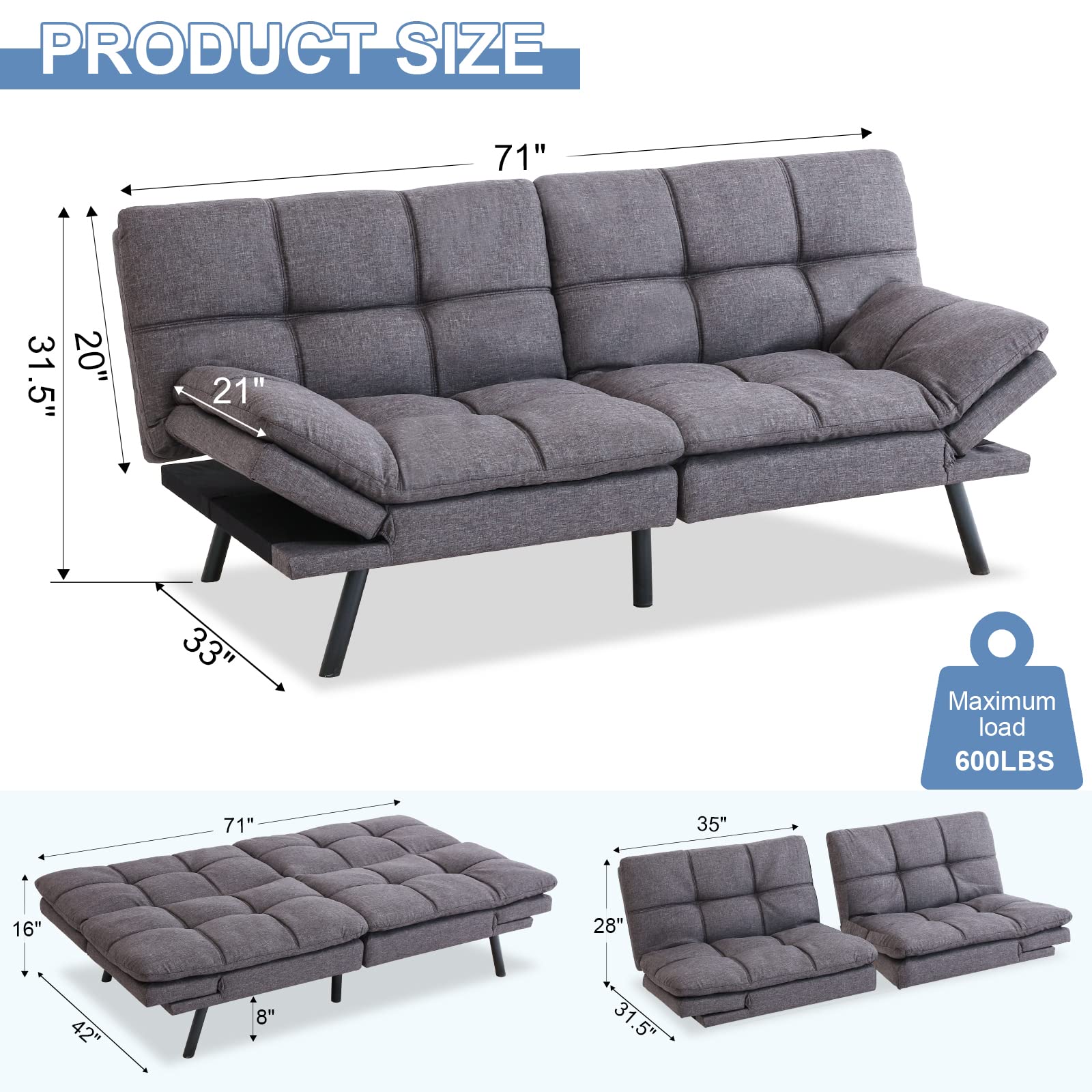 MUUEGM Futon Sofa Bed Couch,Memory Foam Convertible Futon Sofa Sleeper Couch, Modern Small Love seat Sofa for Living Room,Compact Space,Office,Dorm,Apartment,Adjustable Armrests Backrests,71",Grey