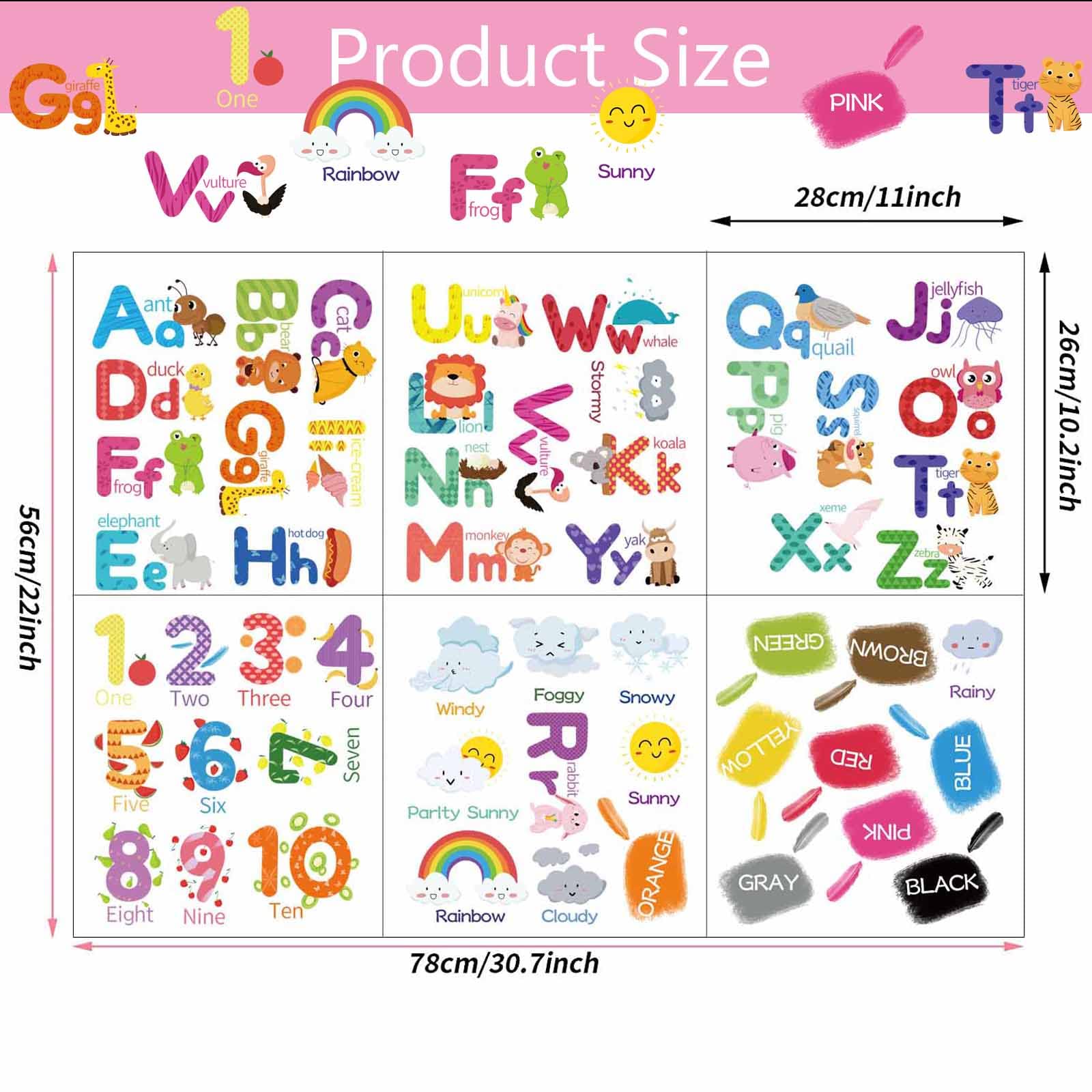 6 Sheets Colorful Alphabet Number Wall Decals Weather Learning Educational Wall Decals Peel and Stick Alphabet Wall Stickers Educational Classroom Stickers for Kids Playroom Bedroom Wall Stickers