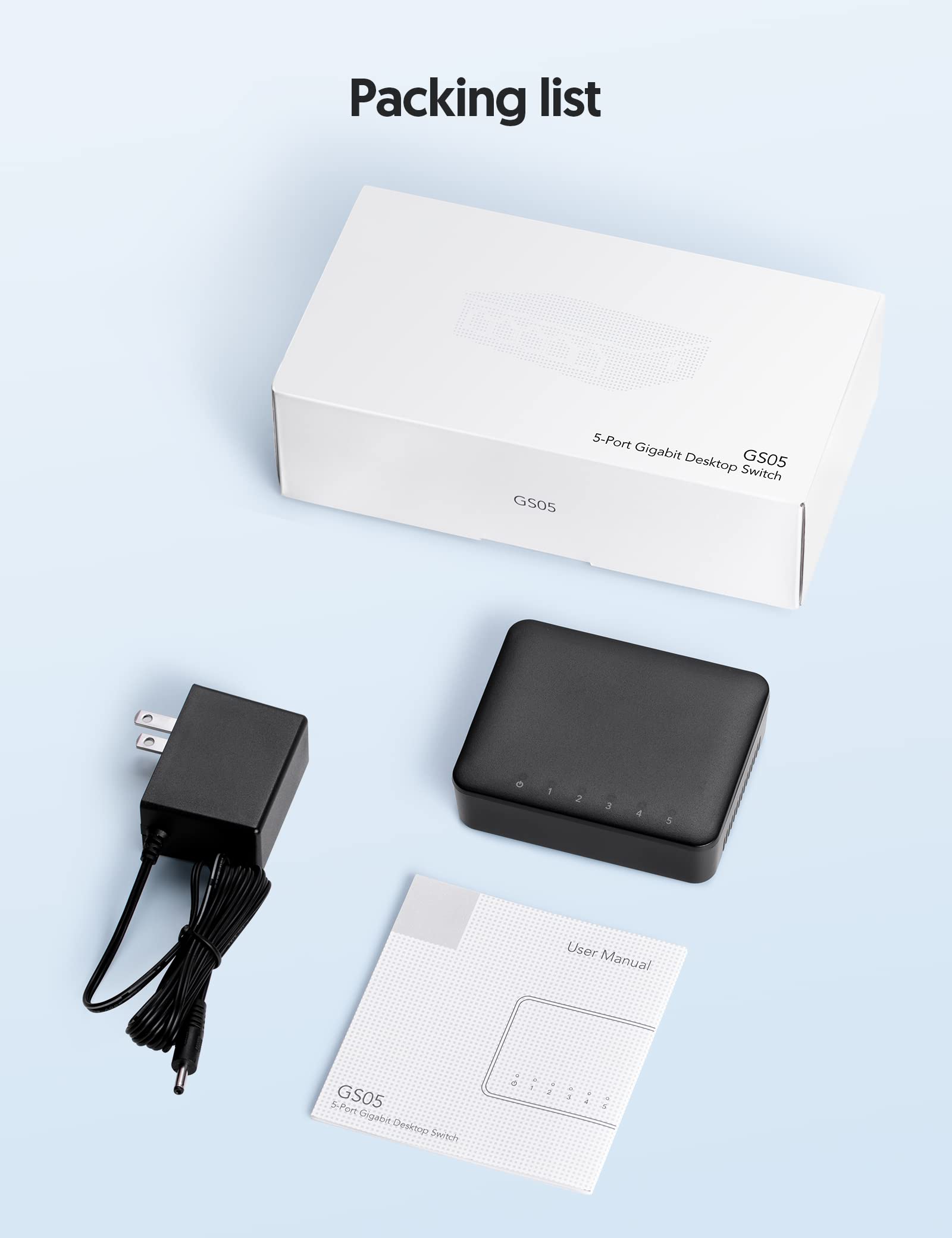 5-Port Gigabit Ethernet Switch, Unmanaged Ethernet Splitter for Office/Home/Dormitory,Home Network Hub, Unshielded Network Switch, Fanless Quiet, Plug and Play, Plastic Case