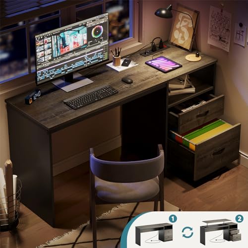 Bestier Lift Top Computer Desk with File Drawer, 60" Large Office Desk with Power Outlet USB Port Built in Writing Study Computer Table with Storage Workstation for Home Office Bedroom, Gray