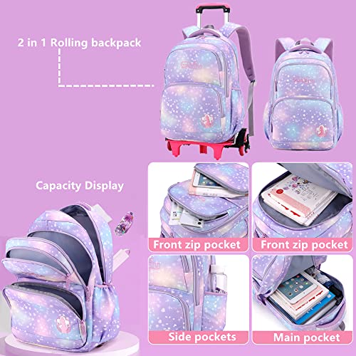 LANSHIYA Dream Princess Wind Rolling Backpack for Girls Wheeled Travel Bag Trolley School Bag Purple Two Wheels