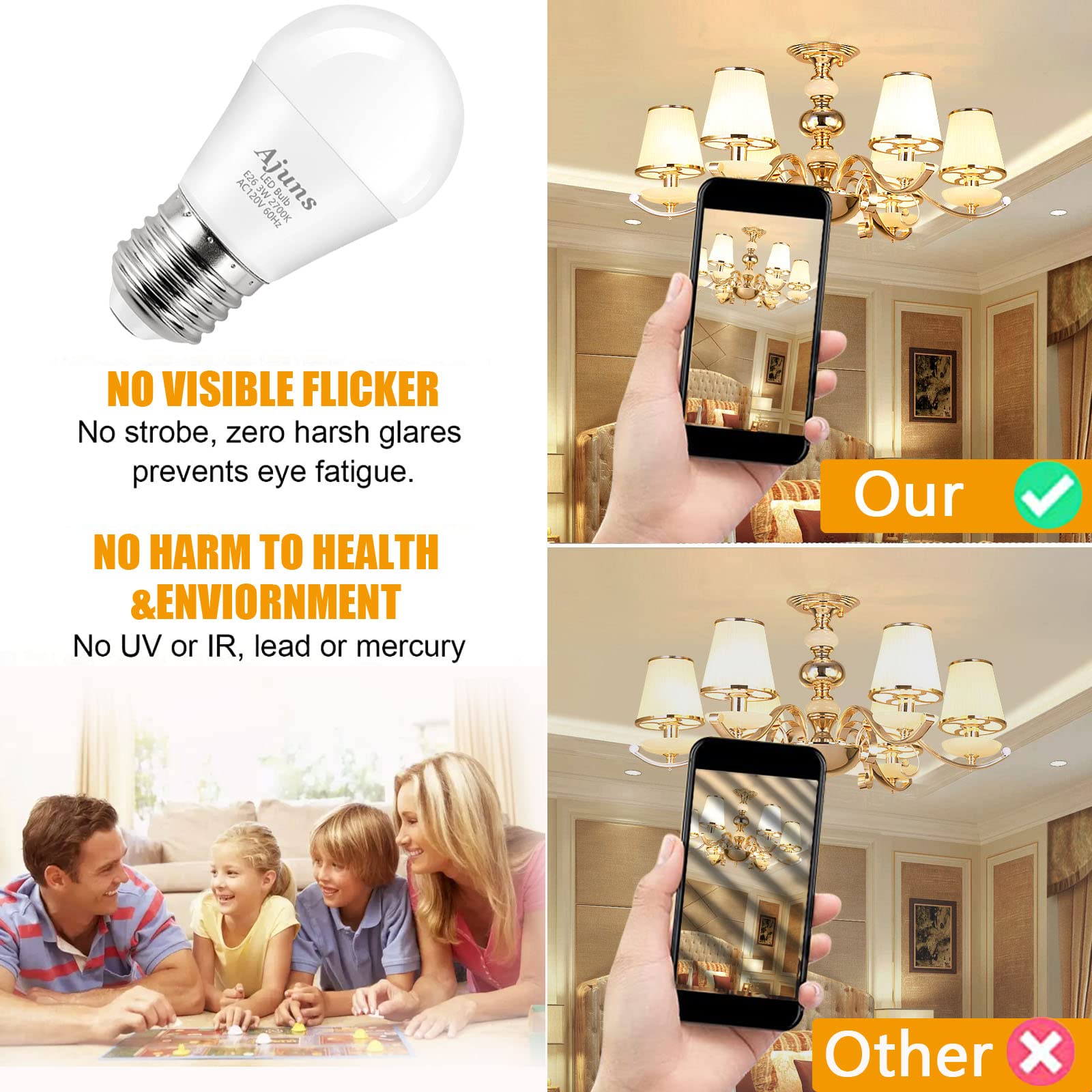 Ajuns LED Bulb 3W Equivalent 25 Watt Light Bulbs,120V Ceiling Fan Light Bulbs Table Lamp Bulb Warm White 2700K LED Energy Saving Bulb E26 Base, Suitable for Home 4 Pack