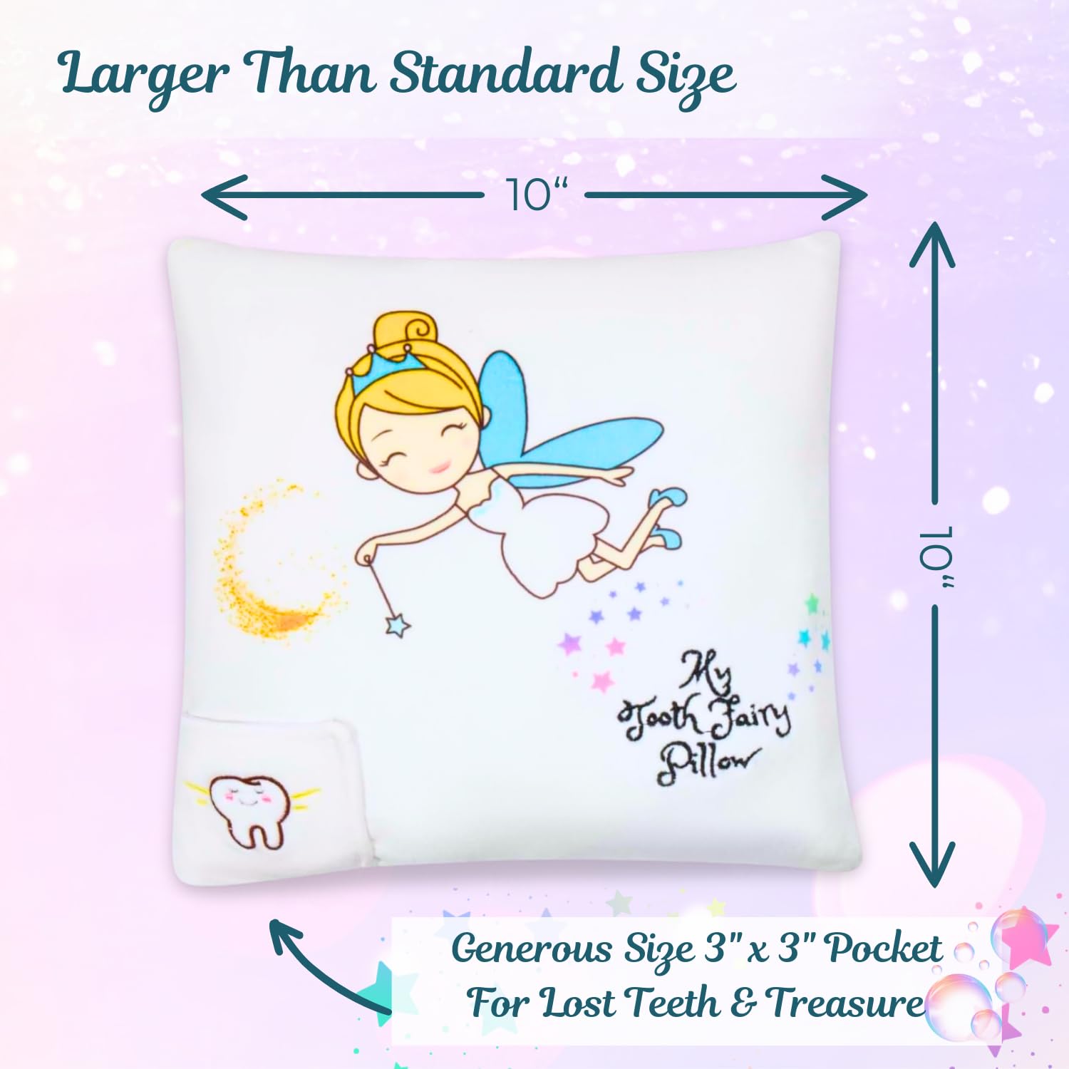 Liv & Oak Tooth Fairy Pillow - Large 10β x 10β Plush Pillow W/3β x 3β Embroidered Pocket for Lost Teeth - Fairy Design, Non-Toxic 100% Polyester - Perfect Keepsake Gift for Boys & Girls