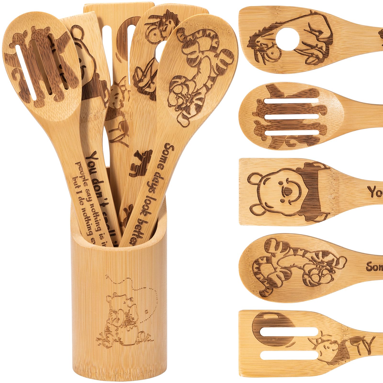 6 PCS Bamboo Cooking Kitchen Utensils Set - Cute Bear Slotted Wooden Spatula for Kitchen Decor - Cookware Gifts for Women - Wooden Spoons for Cooking - 3D Engraved Patterns