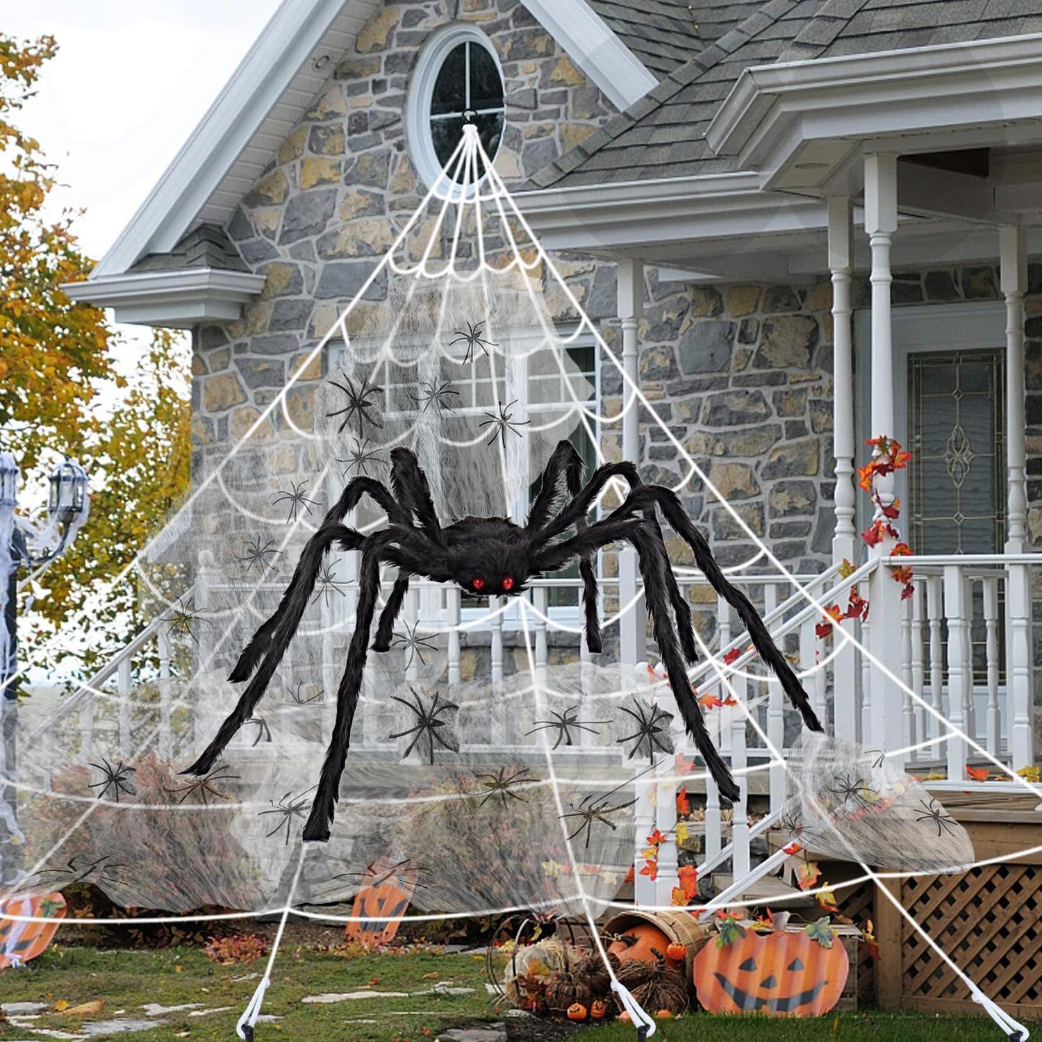 AISENO Halloween Decorations 200" Spider Web and 78" Giant Spider Virtual Realistic Hairy Spider for Indoor Outdoor Decor