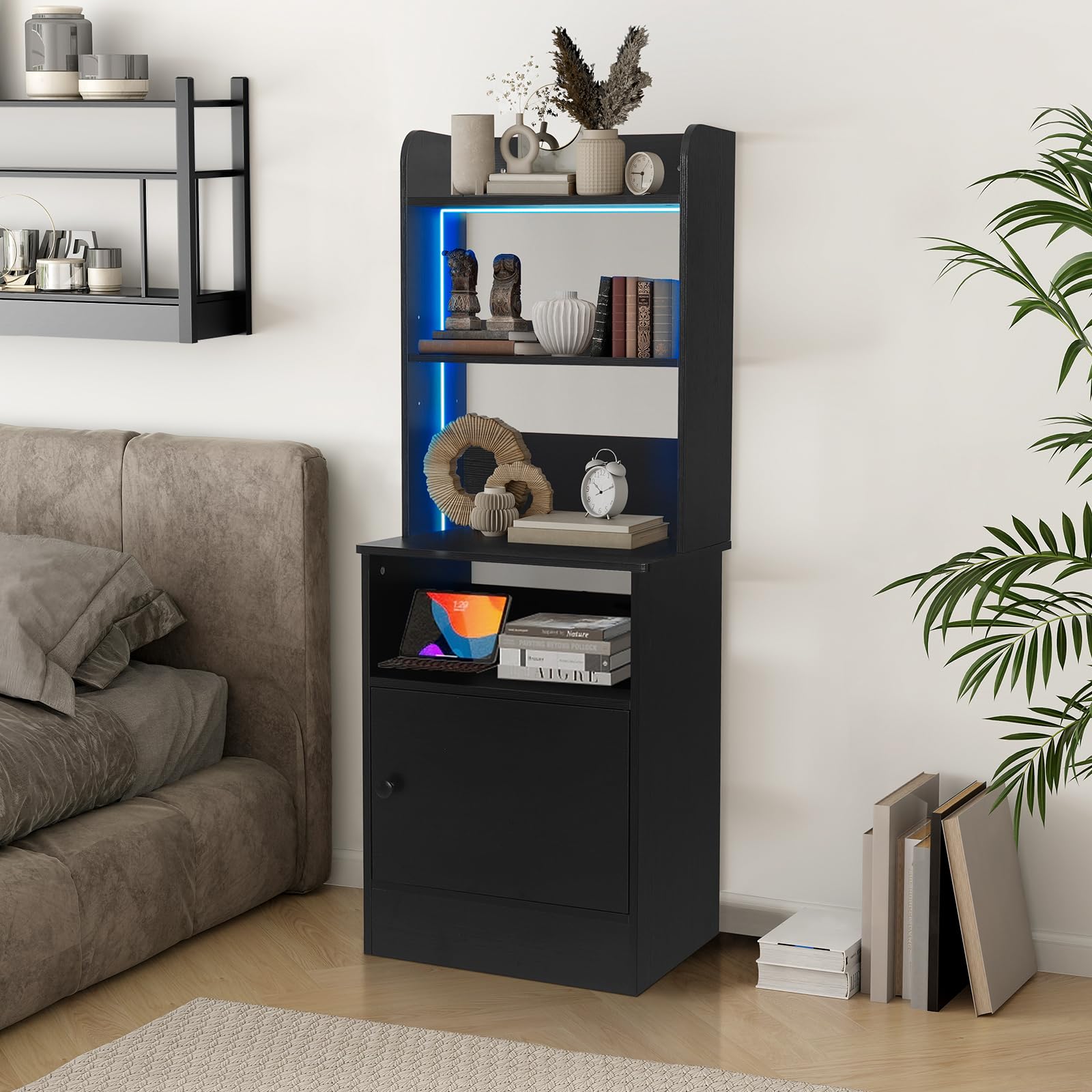 ARTETHYS Tall Nightstand Set of 2 with Charging Station and LED Light 47" Black Night Stand with Storage and Adjustable Bookshelf for Bedroom, Home Office