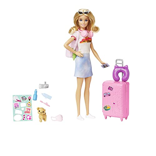 Barbie Doll & Accessories, Travel Set with Puppy and 10+ Pieces, Suitcase Opens & Closes, Malibu Doll with Blonde Hair