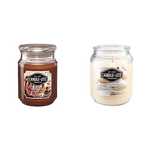 Candle-lite Scented Candles, Cinnamon Rolls Fragrance, One 18 oz., Brown Color & Scented Candles, Creamy Vanilla Swirl Fragrance, One 18 oz. Single-Wick Aromatherapy Candle, Off-White Color