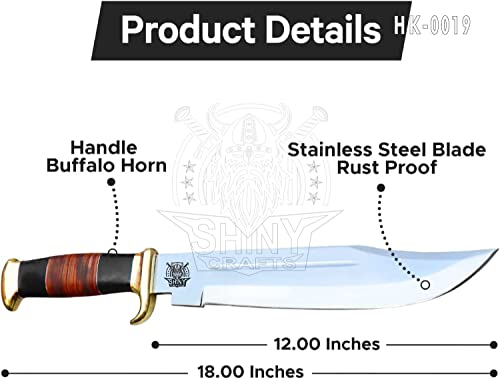 SHINY CRAFTS | Handmade Forged Crocodile Dundee, Fixed Blade, Full Tang Bowie, Hunting, Camping Knife,Knife with Leather Sheath