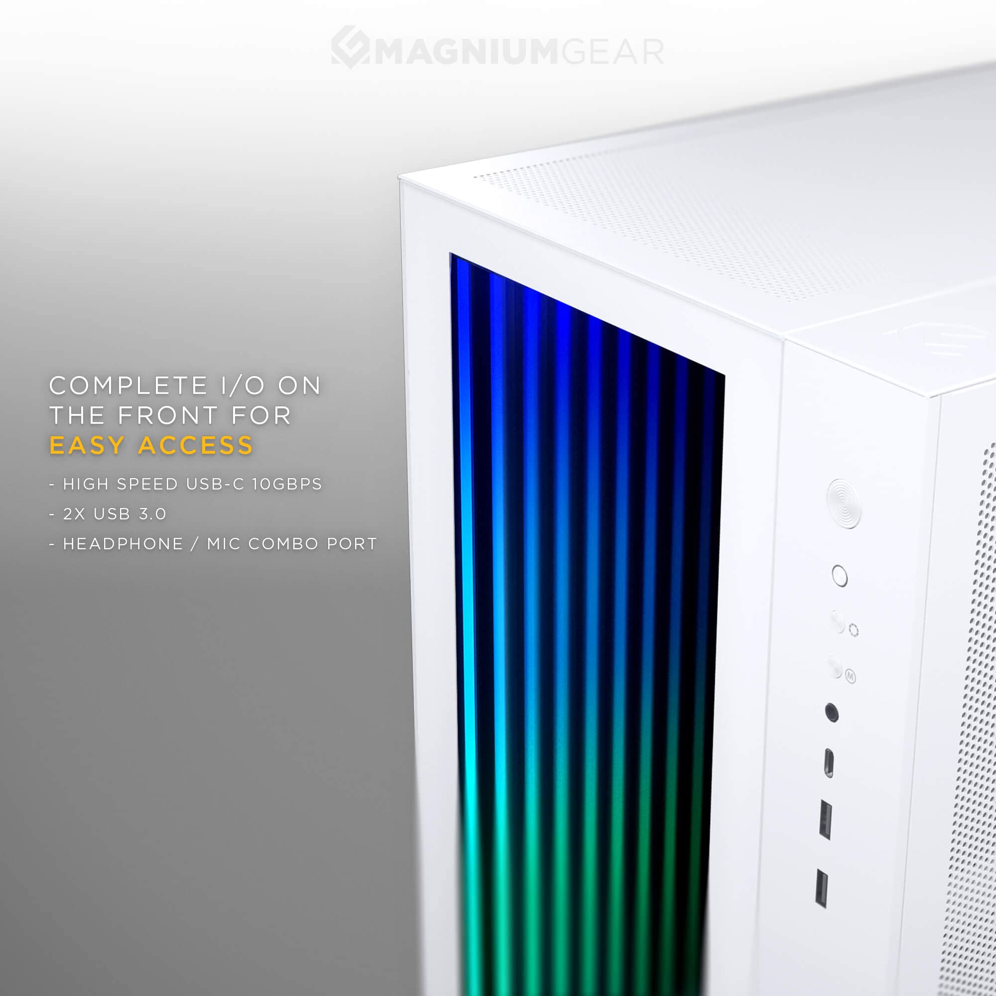 MagniumGear (MG-NE620QI_DWT02) NEO Qube 2 IM, Dual Chamber ATX Mid-Tower, Digital-RGB Infinity Mirror Front Panel, Front I/O USB Type C, Tempered Glass Panels, White