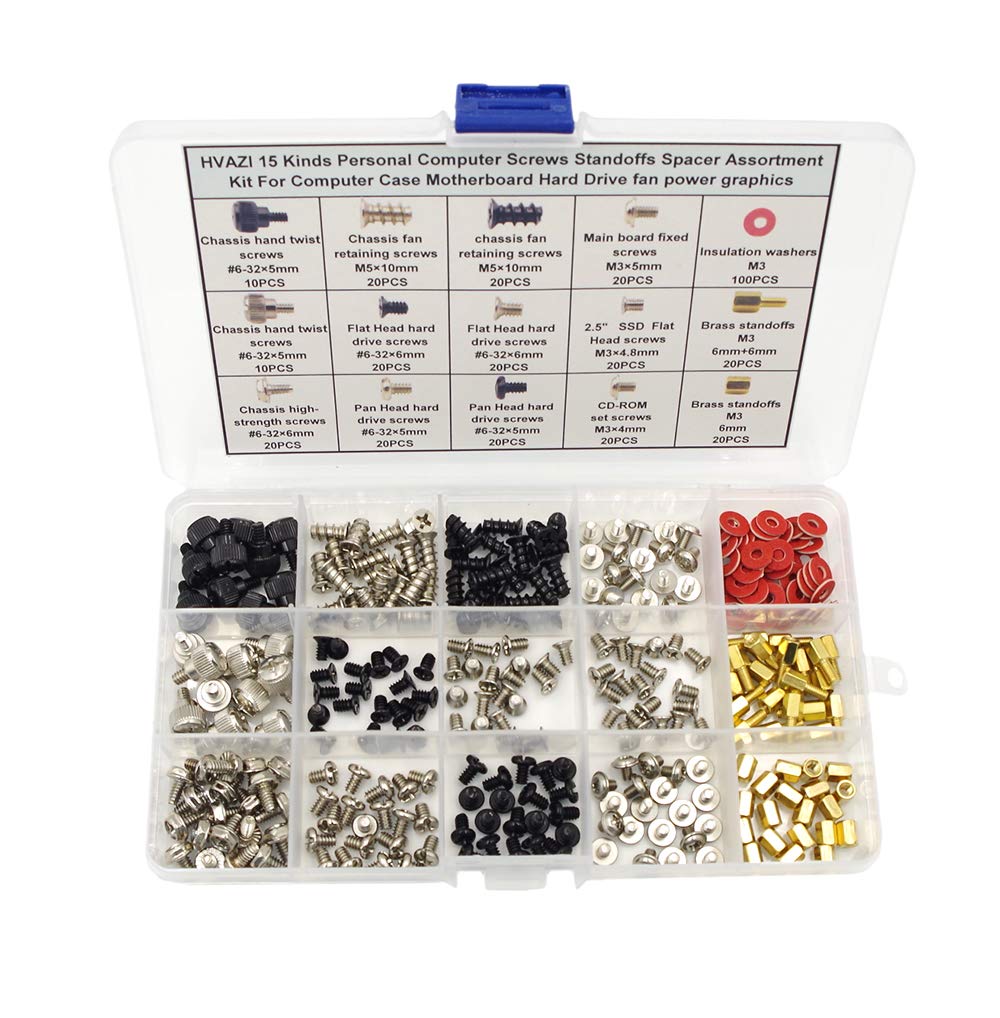 HVAZI 15 Kinds Personal Computer Screws Standoffs Spacer Assortment Kit for Computer Case Motherboard Hard Drive Fan Power Graphics