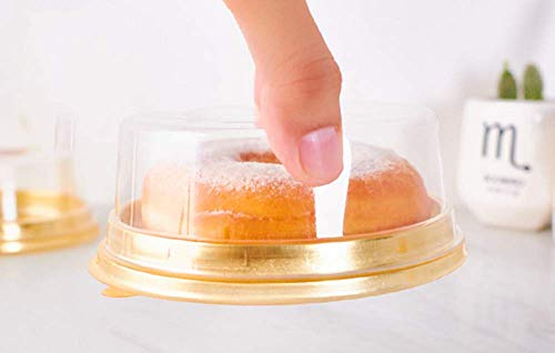 Cake Box - 50 sets Diameter 3 3/4 inch X H 1 1/4 inch Clear Plastic Mini Cake Box - Feast Cupcake Box - Muffin Box Biscuit Box Flat Top Box Bakery Cake Shop Sale Use (gold)
