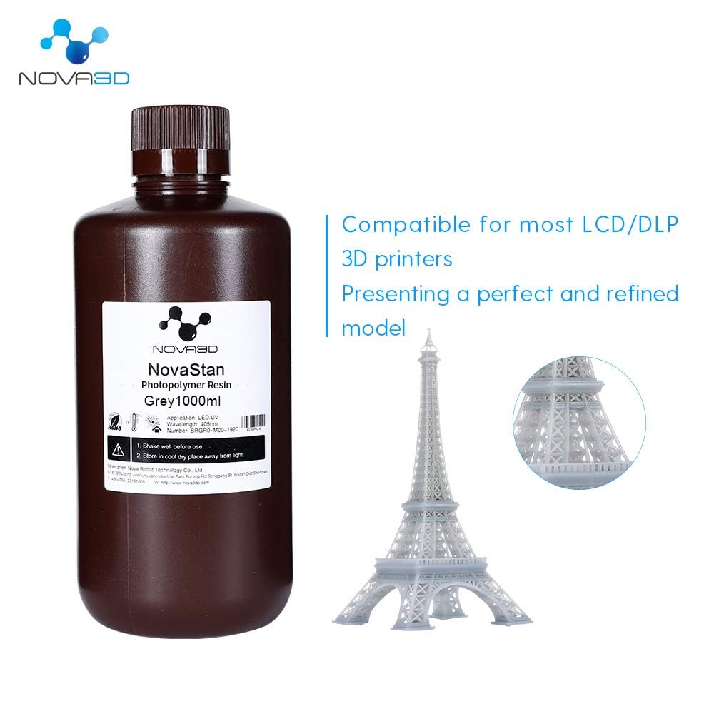 NOVA3D 3D Printer Resin Liquid,Standard Photopolymer,405nm UV Fast Light Curing 3D Printing Excellent Fluidity Resin,for 4K/8K LCD/DLP/SLA Resin 3D Printer Etc,1000g Grey Resin Printing More Models