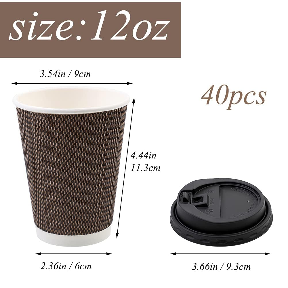 40 Packs 12oz Disposable Coffee Cups, Coffee Cups, Insulated Paper Coffee Cups,To Go Hot Cups with Lids for Coffee Tea Chocolate and Other Hot Drinks
