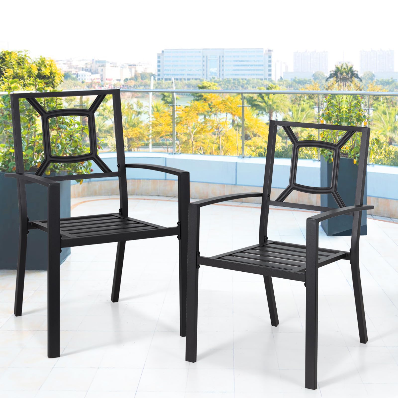 AECOJOY Metal Dining Chairs, 2 Pieces Outdoor Patio Dining Chairs with Armrest, Stackable Arm Chairs with Heavy-Duty E-Coating Metal Frame for Balcony, Garden, Set of 2, Black
