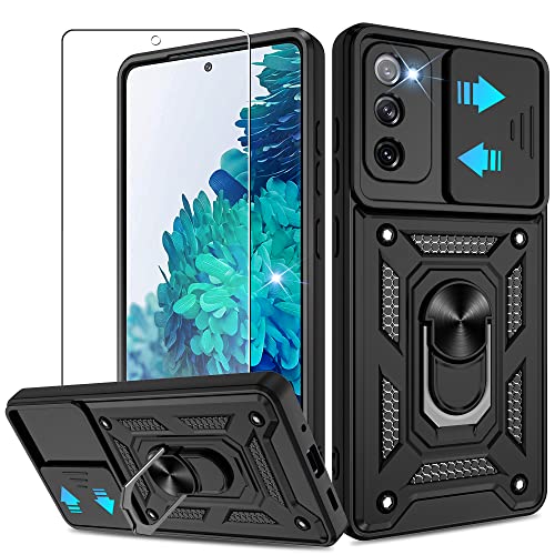 Atump Samsung Galaxy S20 FE Case(4G/5G),Galaxy S20 Fan Edition/S20 Lite with HD Screen Protector with Slide Camera Cover, 360° Rotation Ring Kickstand [Military Grade] Case for Samsung S20 FE Black