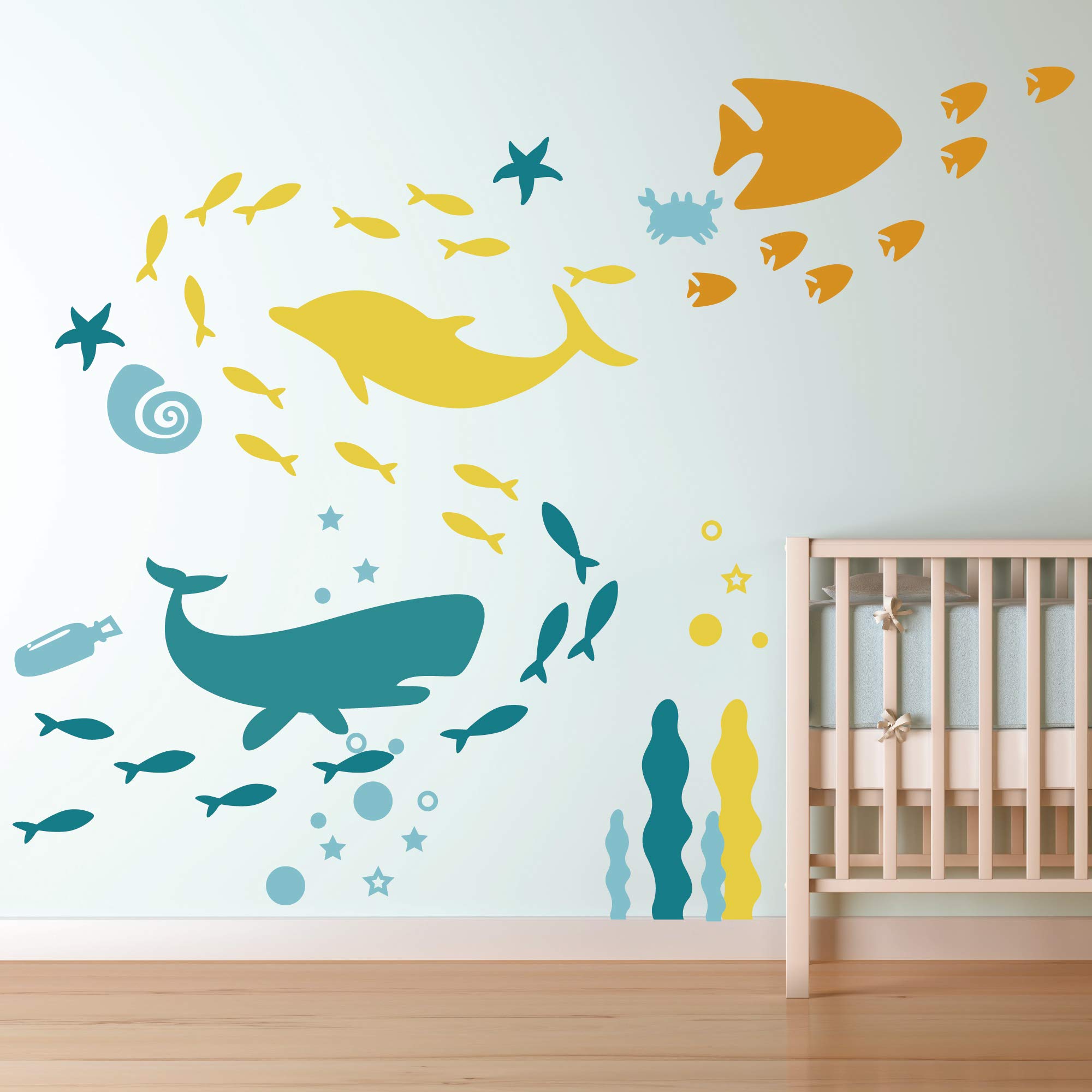 Ocean Wall Decal- Under The Sea Fish Vinyl Wall Stickers for Kids Boys Girls Room Bedroom Nursery Decor