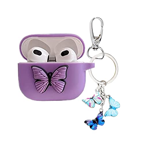 Butterfly Case for Airpod 3 Case,Cute Airpods 3rd Gen Case Cover for Apple AirPods 3rd Generation (2021), Funny Protective Silicone Case Accessories with Butterfly Keychain for Women Girl (Purple)