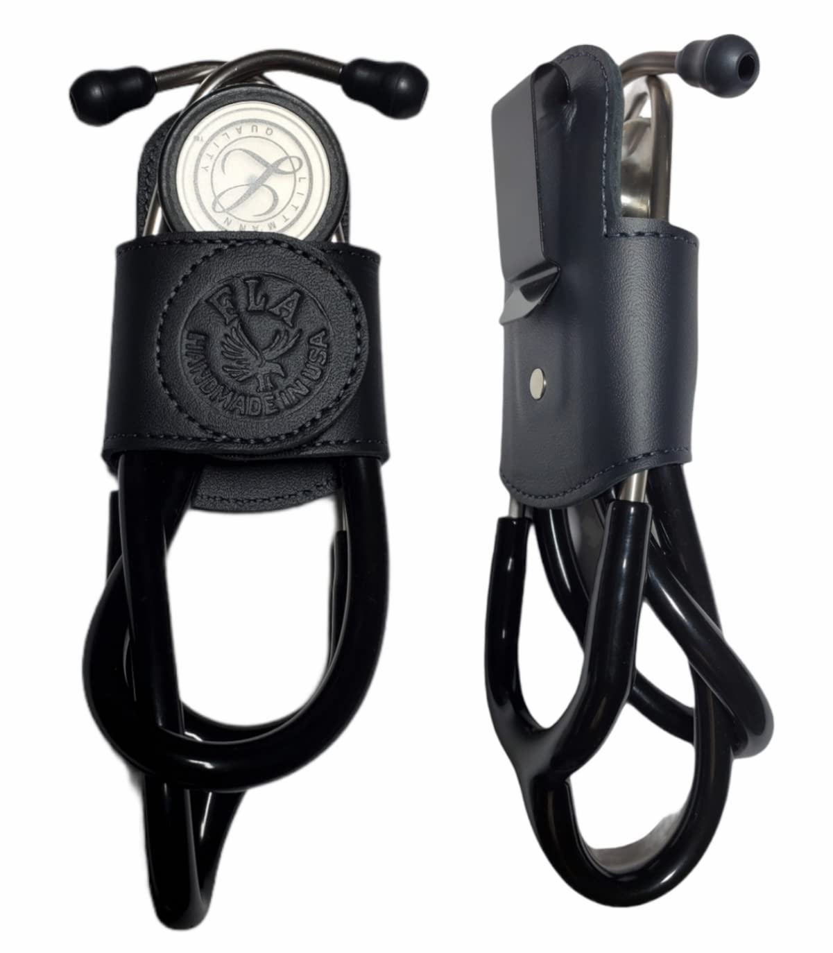 Stethoscope Holder pro with Clip,Handmade in USA Genuine Leather .Perfect for Physicians, Nurses, EMT, Medical Nursing Student (Black).