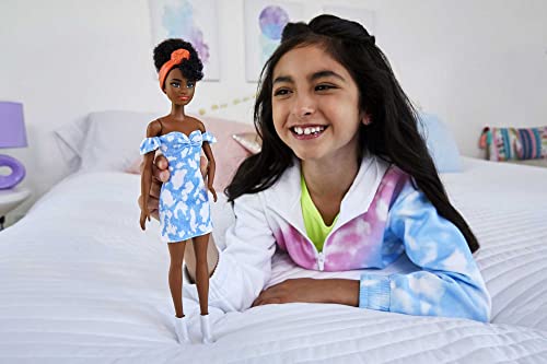 Barbie Fashionistas Doll #185 with Black Up-Do Hair, Bleached Denim Dress, Boots & Headband Accessory