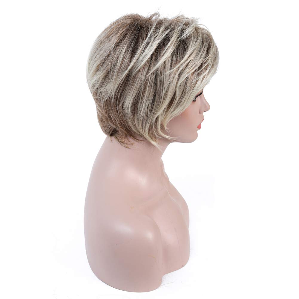 Junbeauty Brown Mixed Blonde Short Layer Nature Curly with Bangs Synthetic Wig Heat Resistant Weave Full Wigs for Women