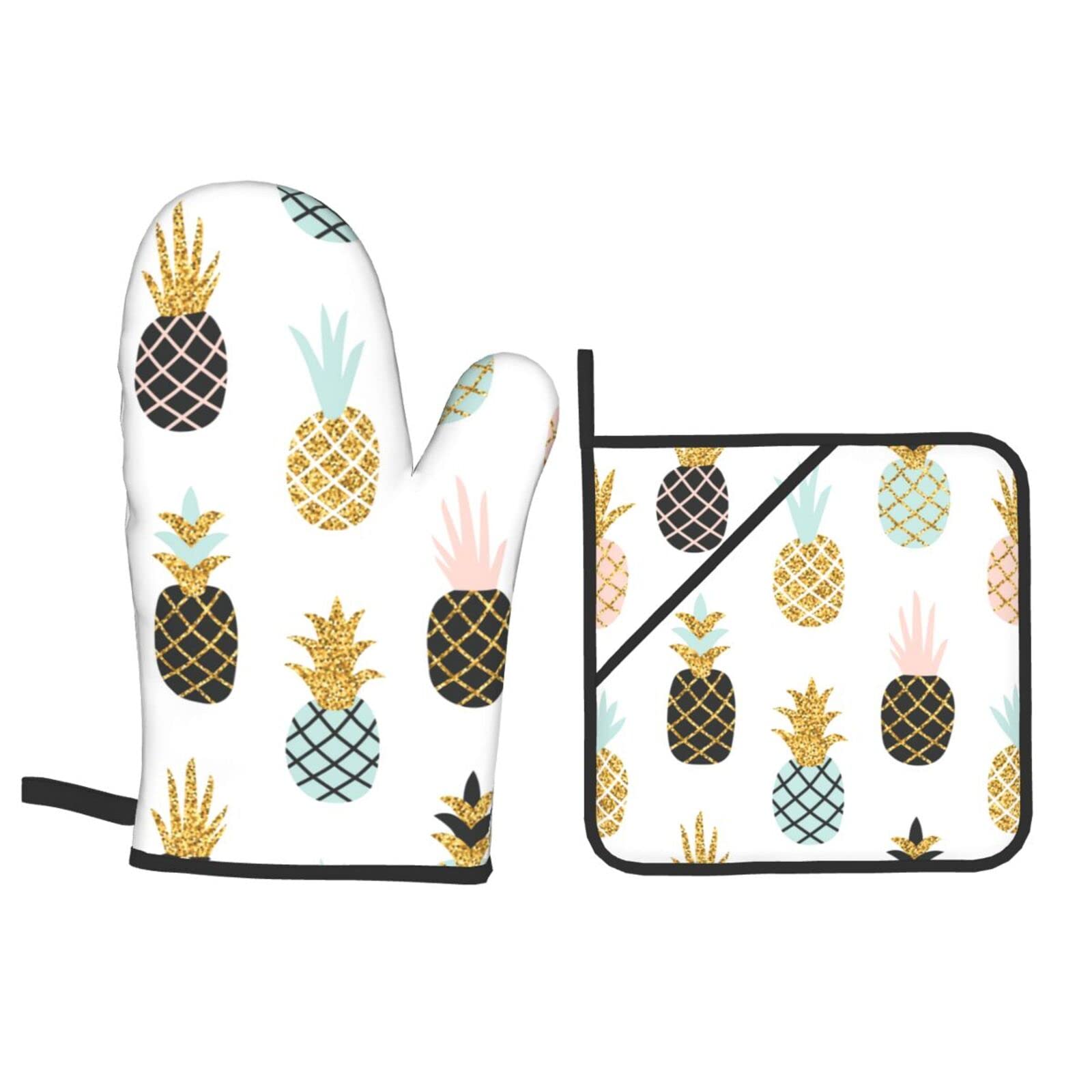 Abstract Tropical Fruit Pineapple Oven Mitts and Pot Holders Sets of 4,Non-Slip Heat Resistant Oven Gloves for Baking Cooking Grilling BBQ