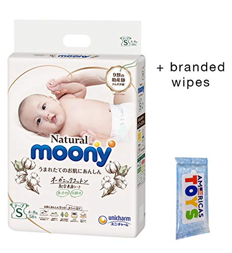 Baby Organic Diapers β Moony Natural Diapers Bundle with Americas Toys Wipes β Japanese Diapers Organic Cotton Additive-Free Ingredients Notification Strips Packaging May Vary Small (9-18 lb) 58 Count