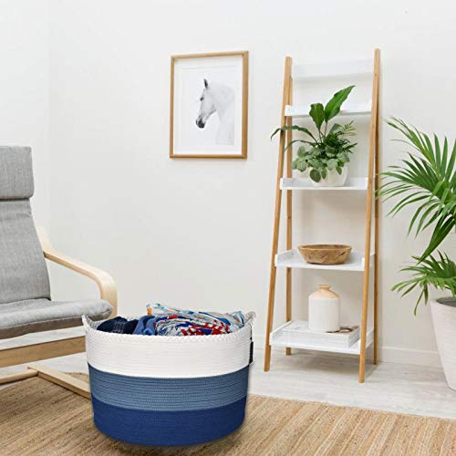 COMSE Extra Large Blanket Basket, Storage Basket, Laundry Basket, 21.7βx 13.8β, Laundry Hamper, Cotton Rope Basket, Blanket Basket Living Room, Toy Basket (White & Cadet Blue & Navy Blue)