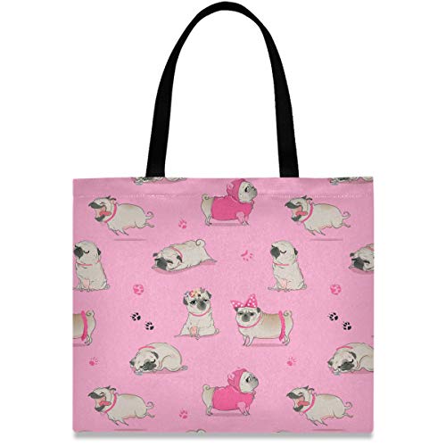 visesunny Women's Extra Large Canvas Tote Shoulder Bag Cute Cartoon Pug Top Storage Handle Shopping Bag Casual Reusable Tote Bag for Beach,Travel,Groceries,Books