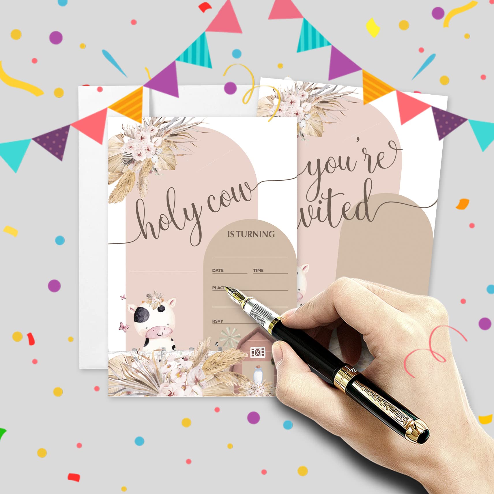 AEHIE Holy Cow Birthday Party Invitations, Multicolor, 20 Cards with Envelopes
