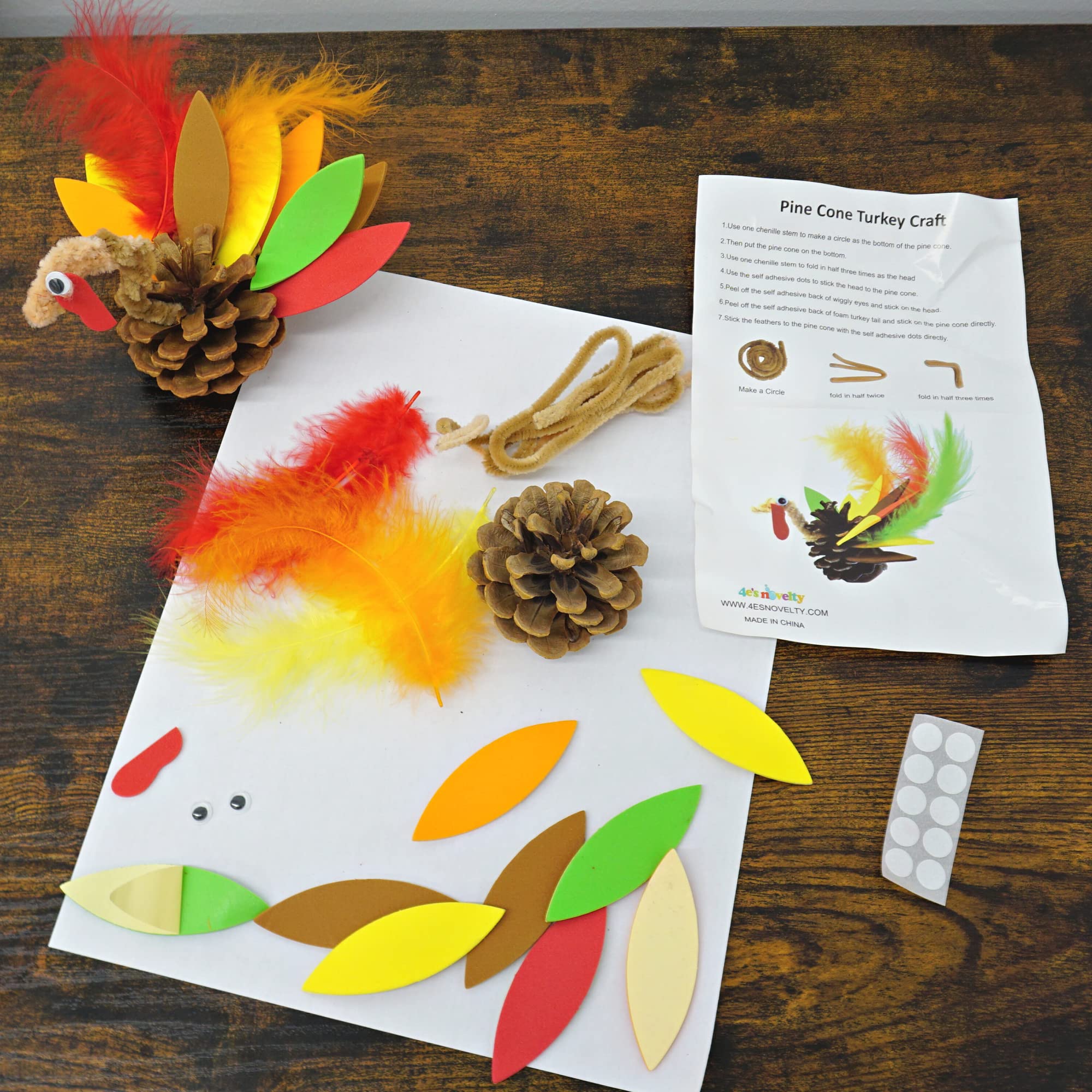 4E's Novelty Pinecone Turkey Craft Kit (12 Pack) DIY Thanksgiving Crafts for Kids, Teens, Adults, Thanksgiving Dinner Activity, Classroom Project, Table Centerpiece Decorations