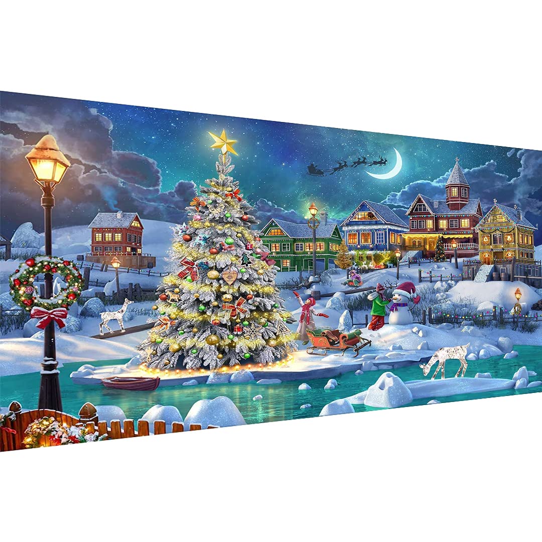 GESOON Christmas Night , DIY 5D Diamond Painting Kits for Adults Full Drill, Christmas Tree with Moon Well Decor 28x16 inch