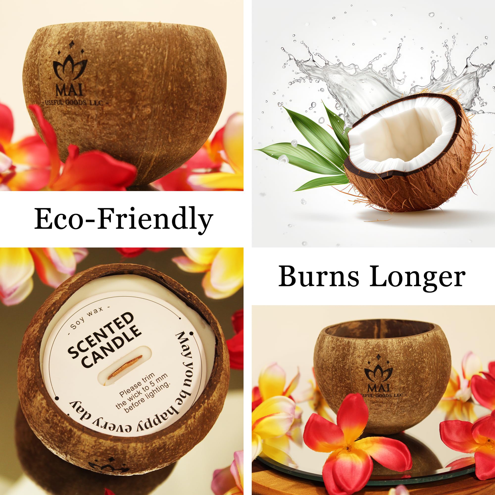 Tropical Coconut Candle with Wooden Wick - Coconut Scented Coconut Shell Candle Made with Real Hollow Coconut Shells - Great Beach Scented Candle Coconut and Relaxing Bath Decor (Coconut Scent)