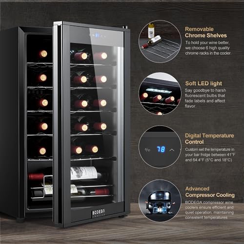 BODEGACOOLER 24 Bottle Compressor Wine Cooler, Freestanding Wine Cellar for Red, White or Champagne,Mini Fridge with 41-64.4°F Digital Temperature Control Glass Door