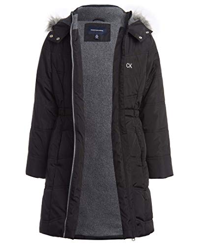 Calvin Klein Girls' Hooded Winter Puffer Jacket, Full-Length Heavy Weight Coat with Fleece Lining, Black Aerial, 4T