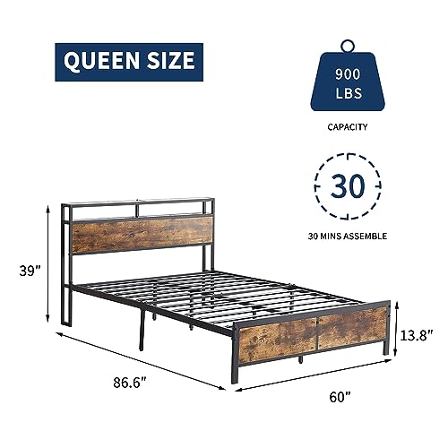 AnwickNomo Queen Size Bed Frame with Built-in LED Lights & USB Ports, Elegant Noise-Free Design, Platform Bed with Storage Headboard, Mattress Base, No Box Spring Required (Queen)