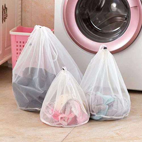 Shuohu 1 Piece Mesh Laundry Bags for Delicates,Anti-Tangle Washing Machine Drawstring Laundry Bag - White M