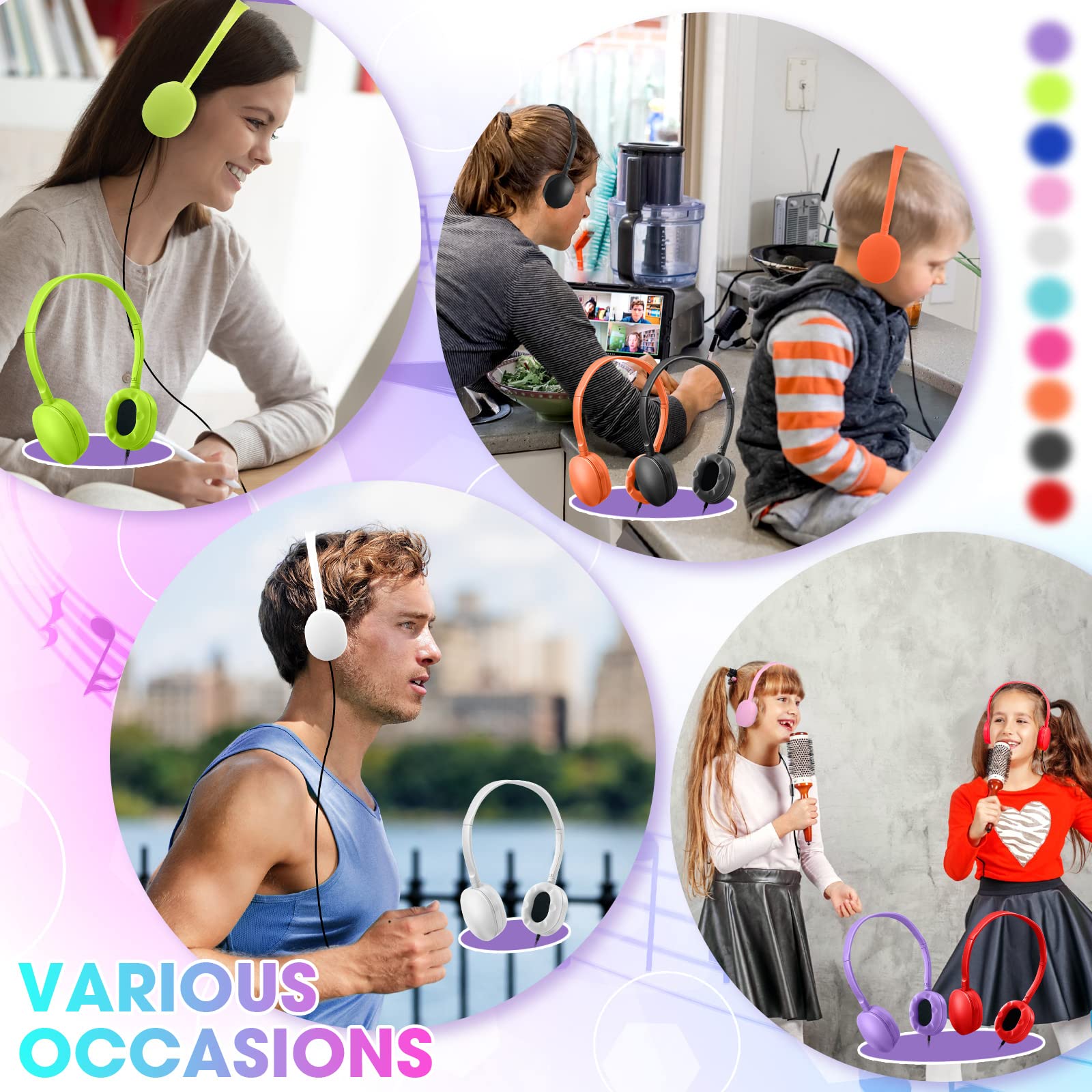 50 Pack Bulk Classroom Headphones Colorful Student Wired Headphone Comfortable Adjustable On Ear Headphone with 3.5 mm Headphone Plug for School Classroom Kids Adults Testing Libraries Airplane Travel