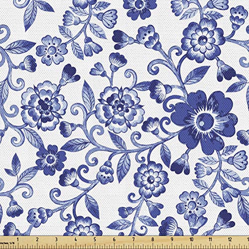Lunarable Floral Fabric by The Yard, Swirl Flower Pattern Folk Russian Folk Cultural Petals Ornamental Image, Decorative Fabric for Upholstery and Home Accents, 3 Yards, Blue and White