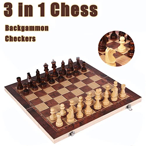 Chess Set,Folding Storage Wooden Chess Board Sets,3 in 1 Chess Board Game for Adults and Kids (Chess,Backgammon,Checkers),Exquisite Wooden Chess Set