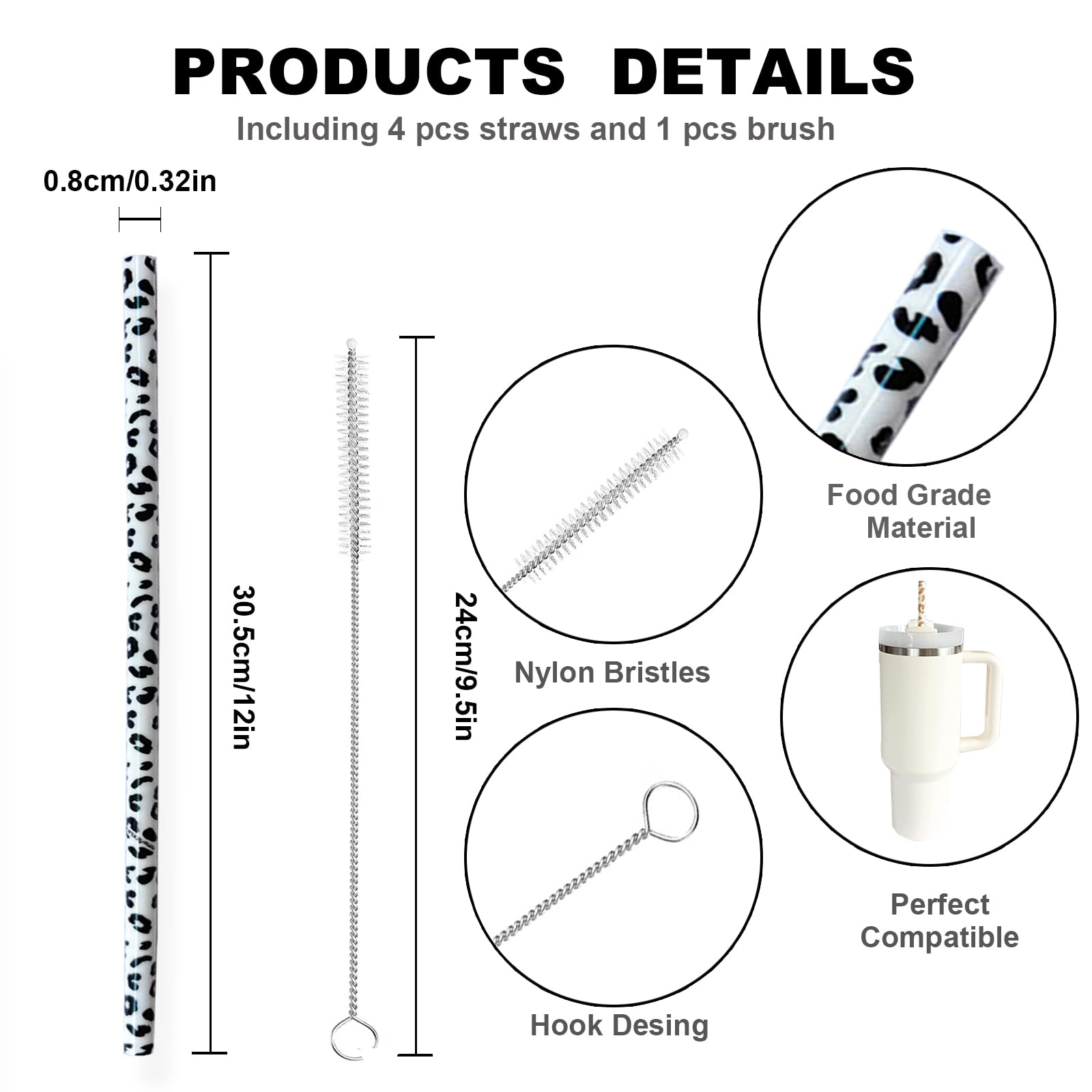 40oz Replacement Straws 4 Pack | 40oz 30oz Tumbler Leopard Straws, Cheetah Straws, Iced Coffee Straws, 12 Inches Extra Long Straws, 30oz Tumbler Straws, Leopard Drinking Straws, Reusable Straws