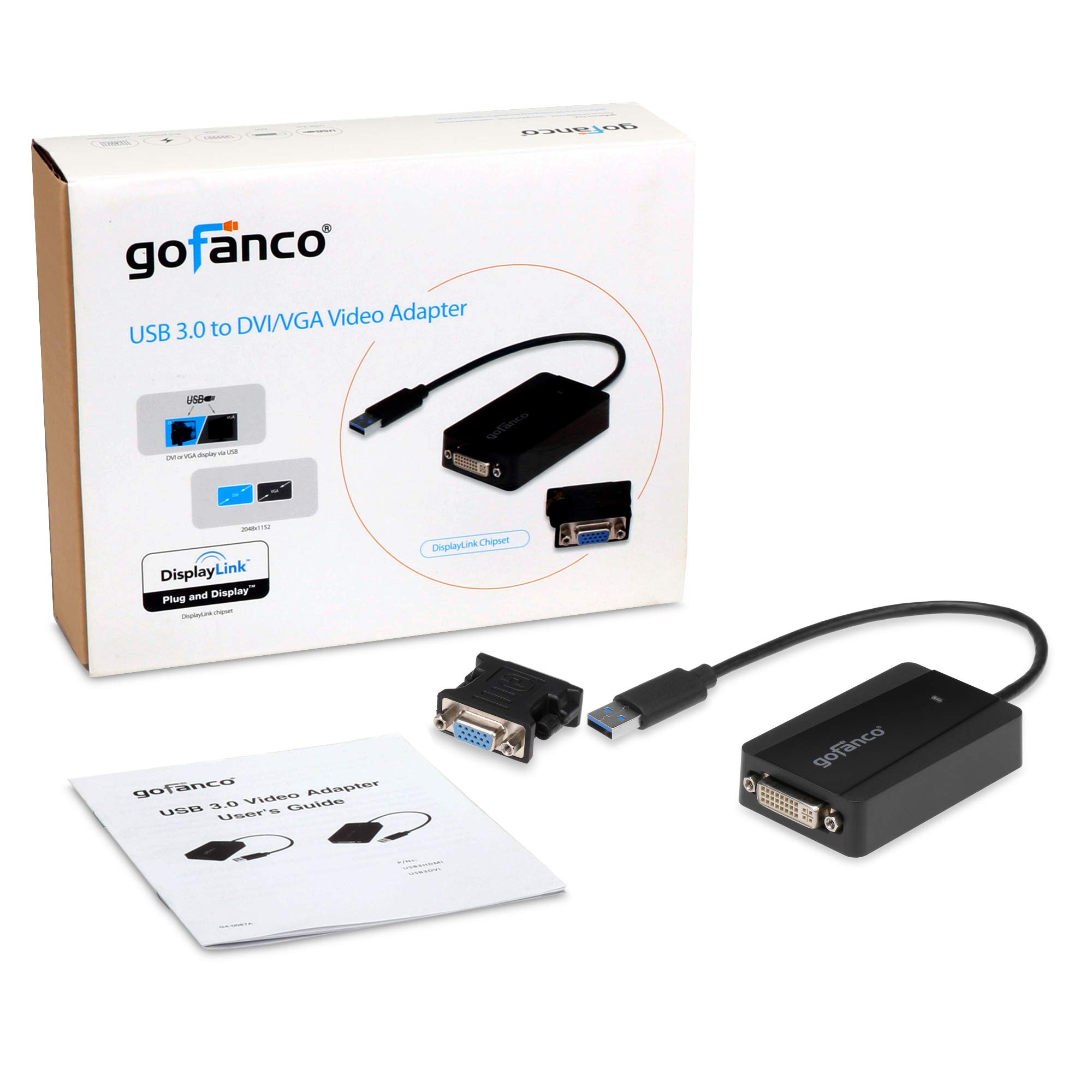 gofanco USB 3.0 to DVI Video Graphics Adapter for Multiple Monitors - Up to 2048x1152 for Windows and macOS, DisplayLink Chip, Includes DVI-to-VGA Adapter for VGA Monitor, USB DVI (USB3DVI)