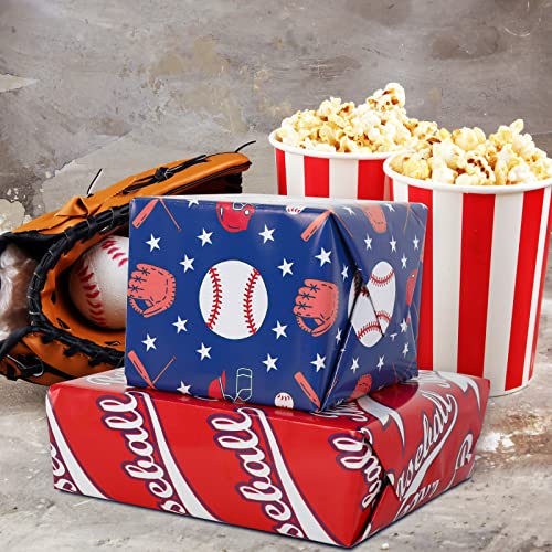 AnyDesign 12 Sheet Baseball Wrapping Paper Red Blue White Sports Gift Wrap Paper Bulk Folded Flat Baseball Print Art Paper for Baseball Theme Birthday Party DIY Crafts Gift Wrapping, 19.7 x 27.6 Inch
