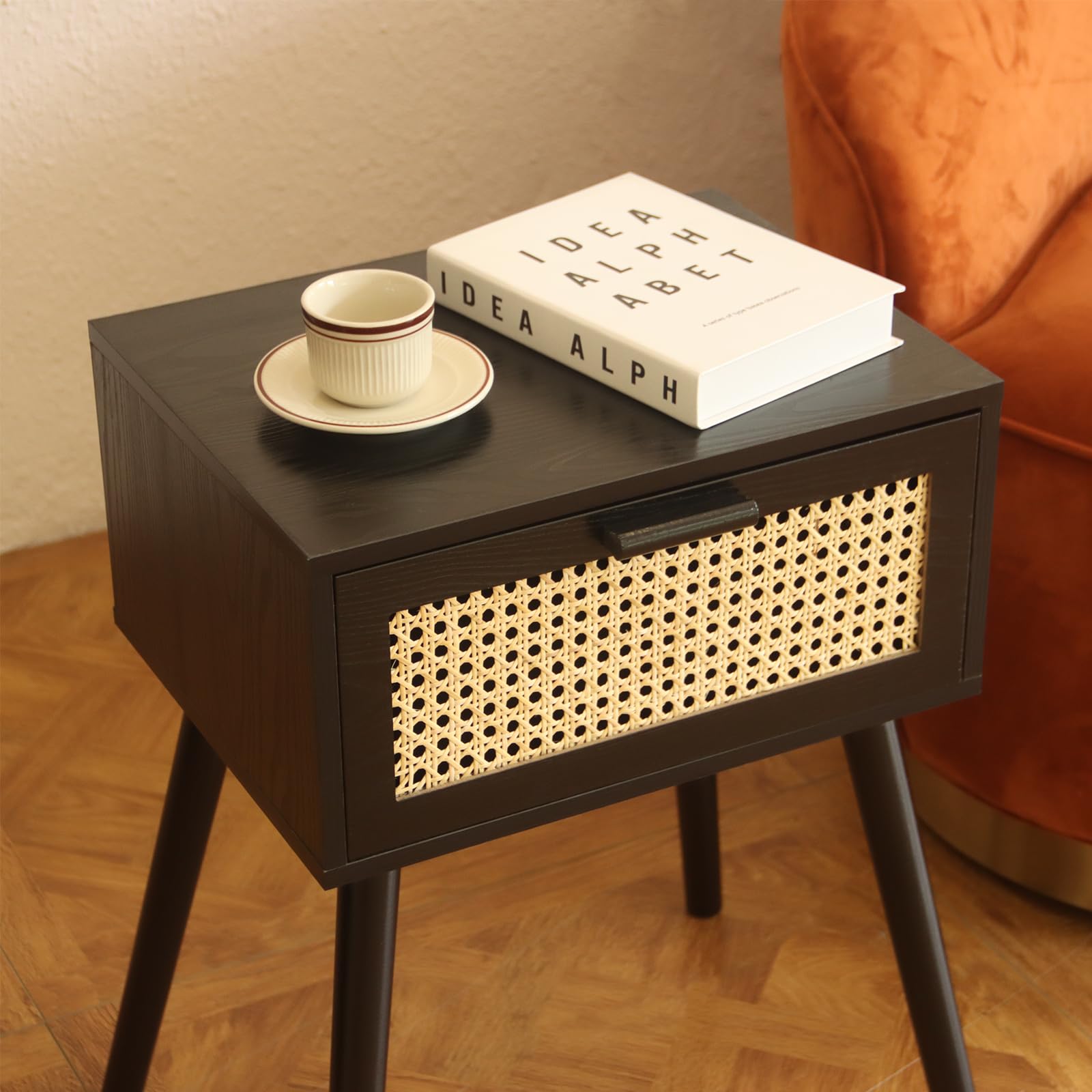 AWASEN Nightstand Mid Century Modern Side Table with Rattan Drawer, End Table with Storage and Solid Wood Legs for Bedroom Living Room Small Space, Easy Assembly (Natural Walnut)