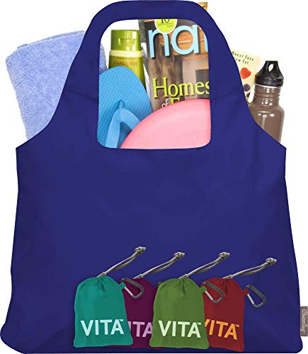 ChicoBag Vita Reusable Tote Bag with Carabiner Clip | Compact Reusable Shopping Bags | Eco Friendly | Mazarine Blue