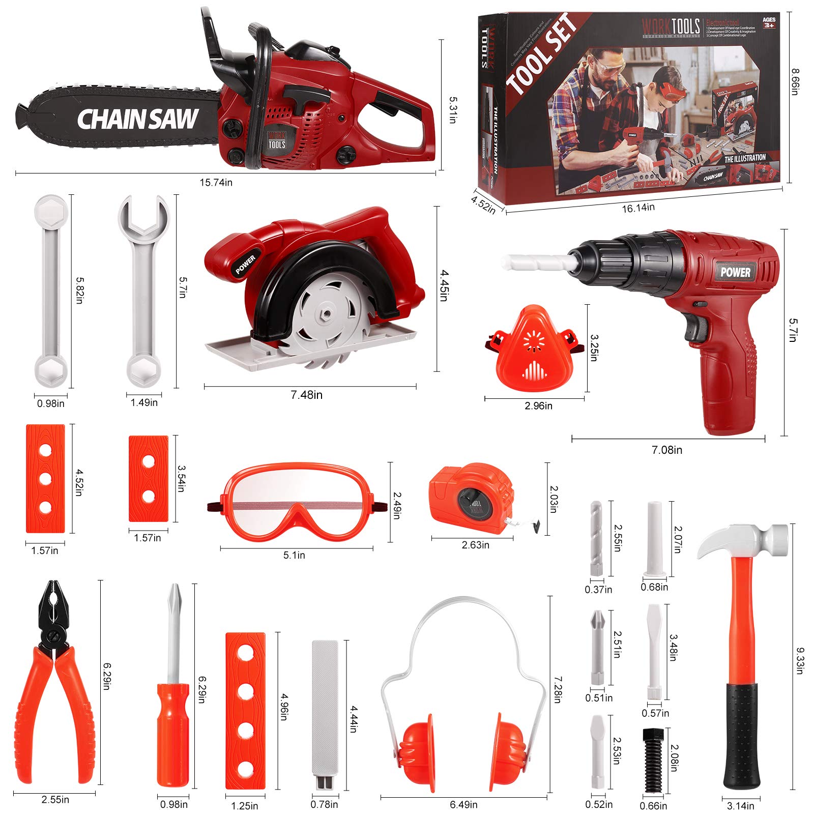 Awefrank Kids Tool Set 36 PCS, Toddler Tool Set with Toy Chainsaw Electronic Toy Drill with Realistic Sounds, Pretend Play Kids Tool Box, Power Tools Kit for Toddlers Boys Girls 3+