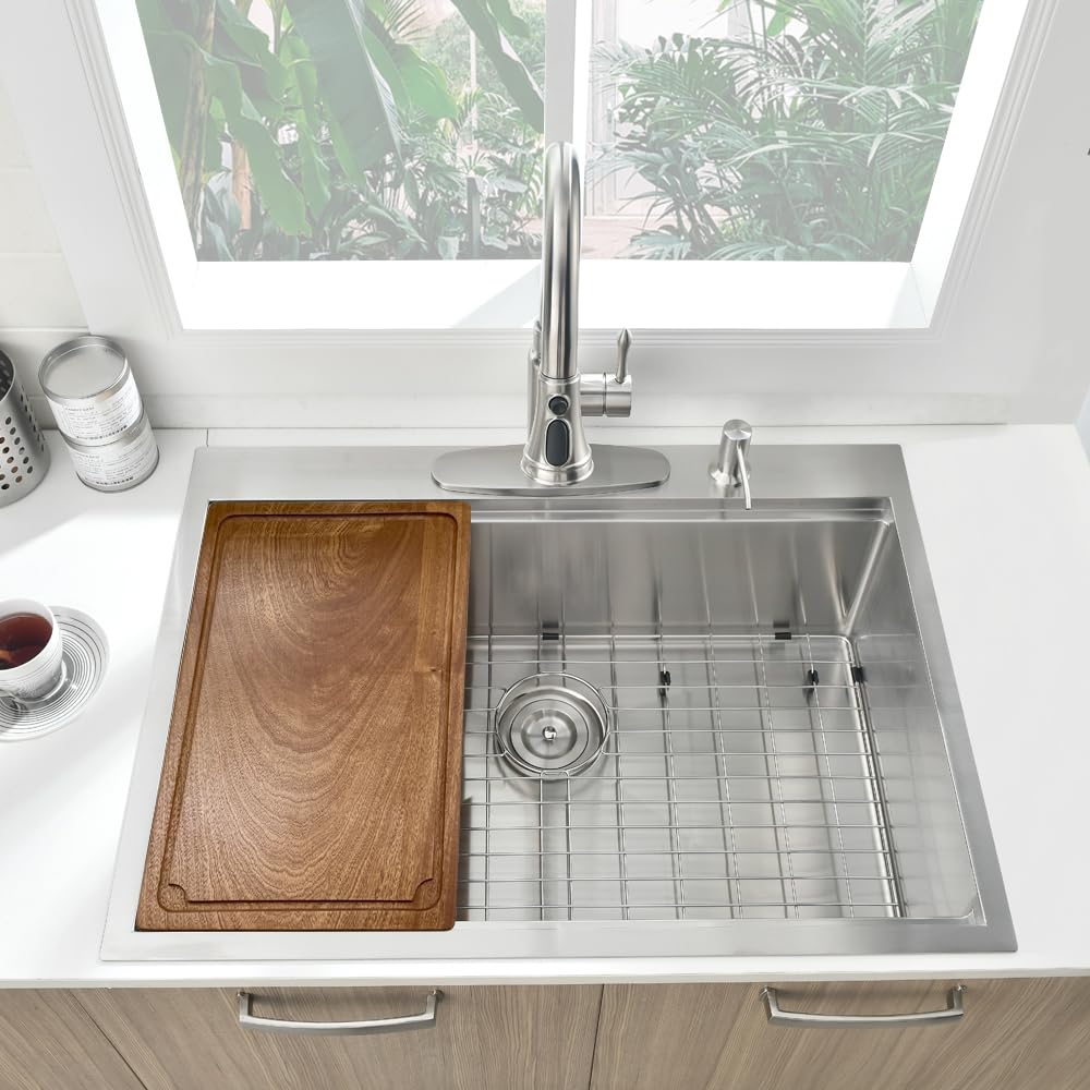 33-inch Drop in Kitchen Sink Workstation, BoomHoze 33x19 Topmount Drop-in Kitchen Sink 16 Gauge Stainless Steel Kitchen Sink Handmade Single Bowl Deep Kitchen Sink with Cutting Board