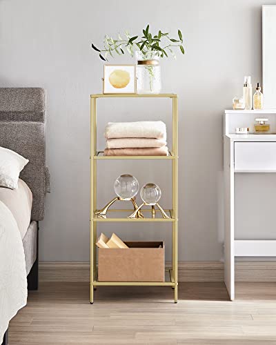 VASAGLE Bookcase, 4-Tier Bookshelf, Slim Shelving Unit for Bedroom, Bathroom, Home Office, Tempered Glass, Steel Frame, Gold Color ULGT28G